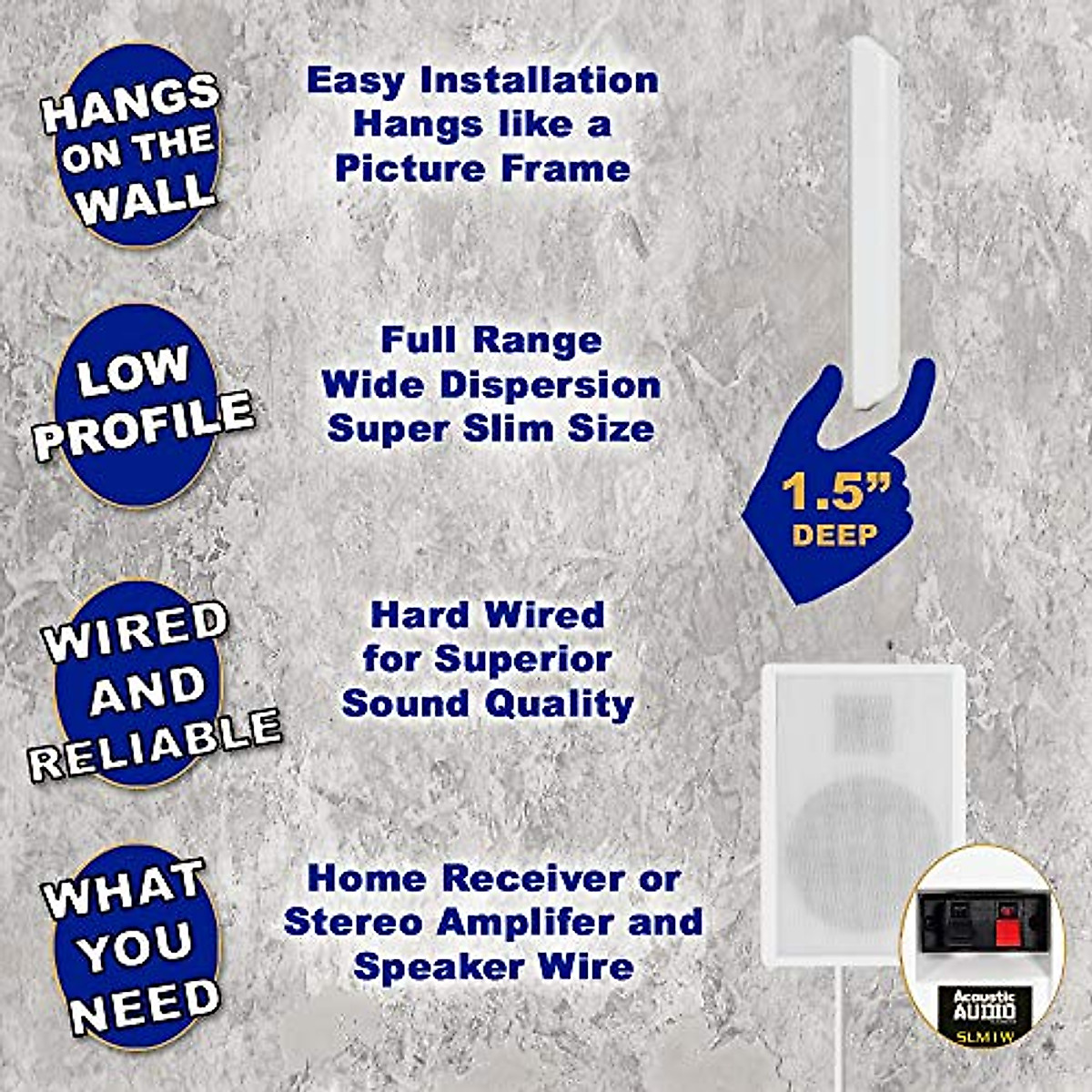 Acoustic Audio by Goldwood SLM1W Mountable On Wall Slim Speakers Home Theater Wired Pair Pack, White