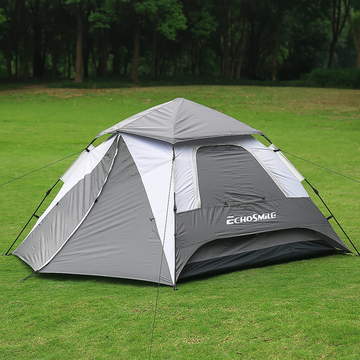 Echosmile Pop Up Tent Family Camping Tent, 4 Person Instant Tent, Easy Set Up Tent, Lightweight Portable Automatic Tent, Waterproof Dome Tent, Windproof Outdoor Backpacking Tent (Grey (with Rainfly))