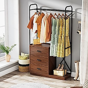 Tribesigns Freestanding Clothes Rack with 3 Drawers, Industrial Garment Rack Wardrobe Closet with Hanging Rod, Heavy Duty Wood Closet Organizer for Bedroom