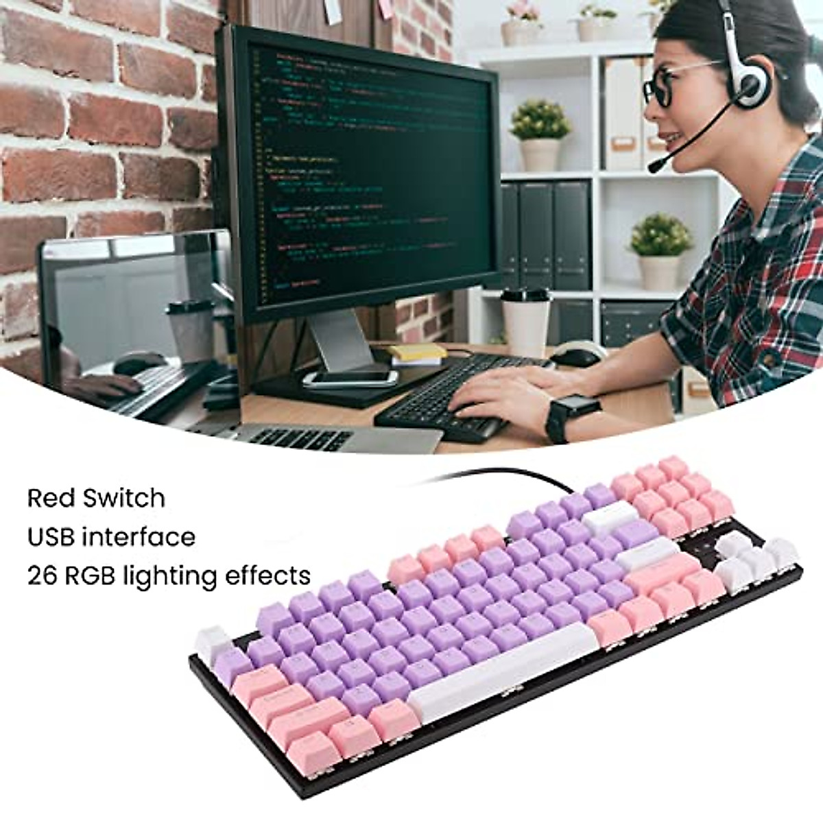 Zyyini Red Switch Mechanical Keyboard, 87 Key 26 RGB Backlit Ergonomic USB Wired Compact PC Keyboard Waterproof Mechanical Gaming Keyboard for Win Laptop PC Gamer(Pink White)