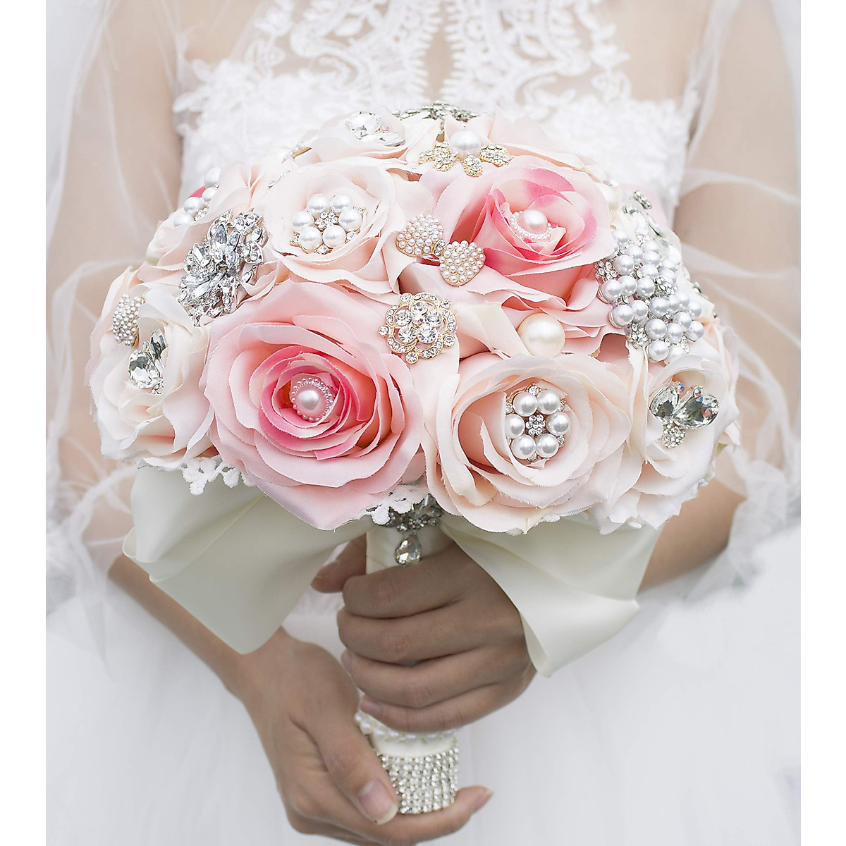 Abbie Home Brooch Jewelry Bouquet - Luxury Bridal Bouquets with Crystal Rhinestone Sparkle Pearls Rose Flowers for Wedding Quinceanera (Pink)