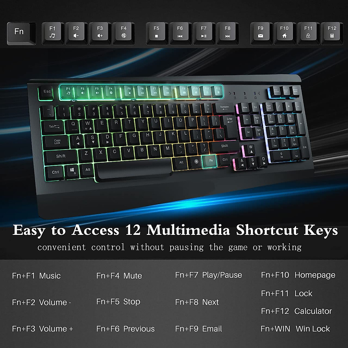 HovingTech Gaming Keyboard, USB Wired Keyboard with Metal Panel Rainbow Backlight, LED Illuminated Ergonomic Wrist Rest, Shortcuts, 19-Key Anti-Ghosting, Laptop & Desktop PC Computer Black