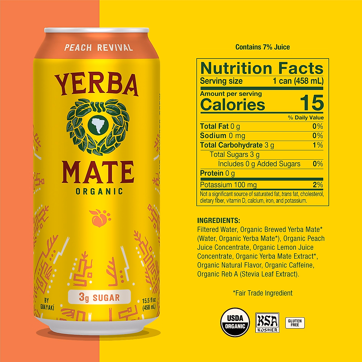Guayakí Yerba Mate, Organic Energy Drink Alternative, Peach Revival, Low Sugar, 150mg Natural Plant Based Caffeine, Smooth Energy & Focus, No Jitters or Crash, 15.5 Oz (Pack of 12), Packaging May Vary