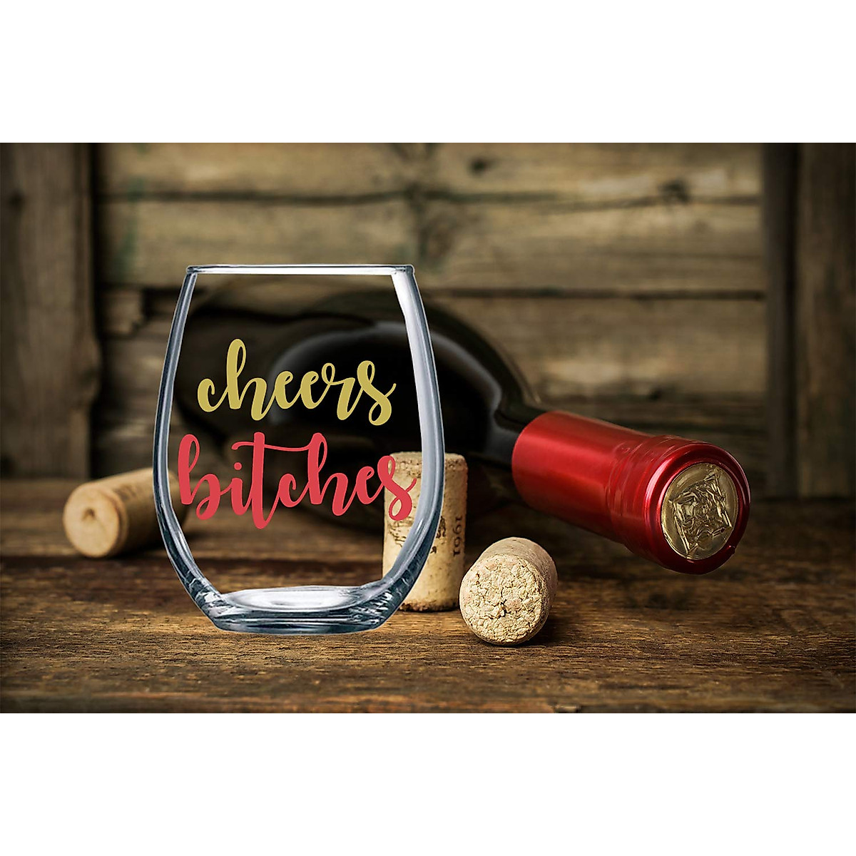 Cheers Bitches Funny 15oz Stemless Crystal Wine Glass - Fun Wine Glasses with Sayings Gifts for Women
