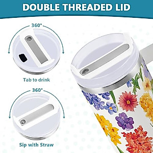 linqin Colourful Florals White Vacuum Tumbler Insulated with Lid and Straw 30 oz Running Water Bottle Reusable Travel Coffee Mug for Home, Office or Car