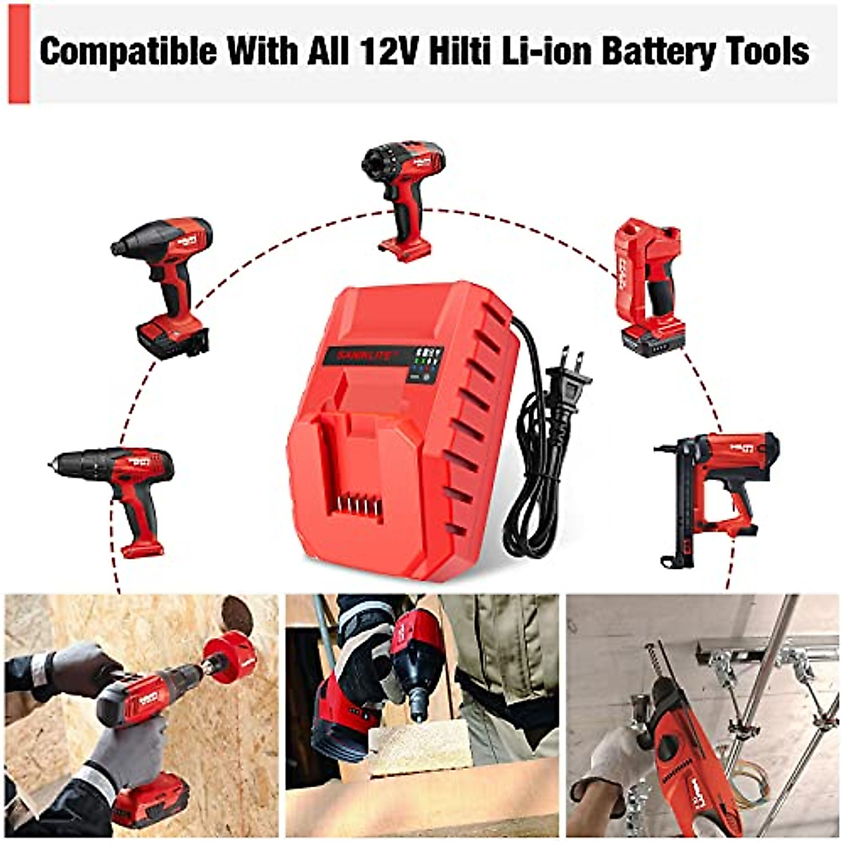 Battery Charger For Hilti, Portable C 4/12-50 12V Lithium Power Tools Battery Charger, 57W Fast Charging With Dual LED Systems & USB Port Cordless Battery Pack Charger For Hilti 12 Volt Li-ion Battery