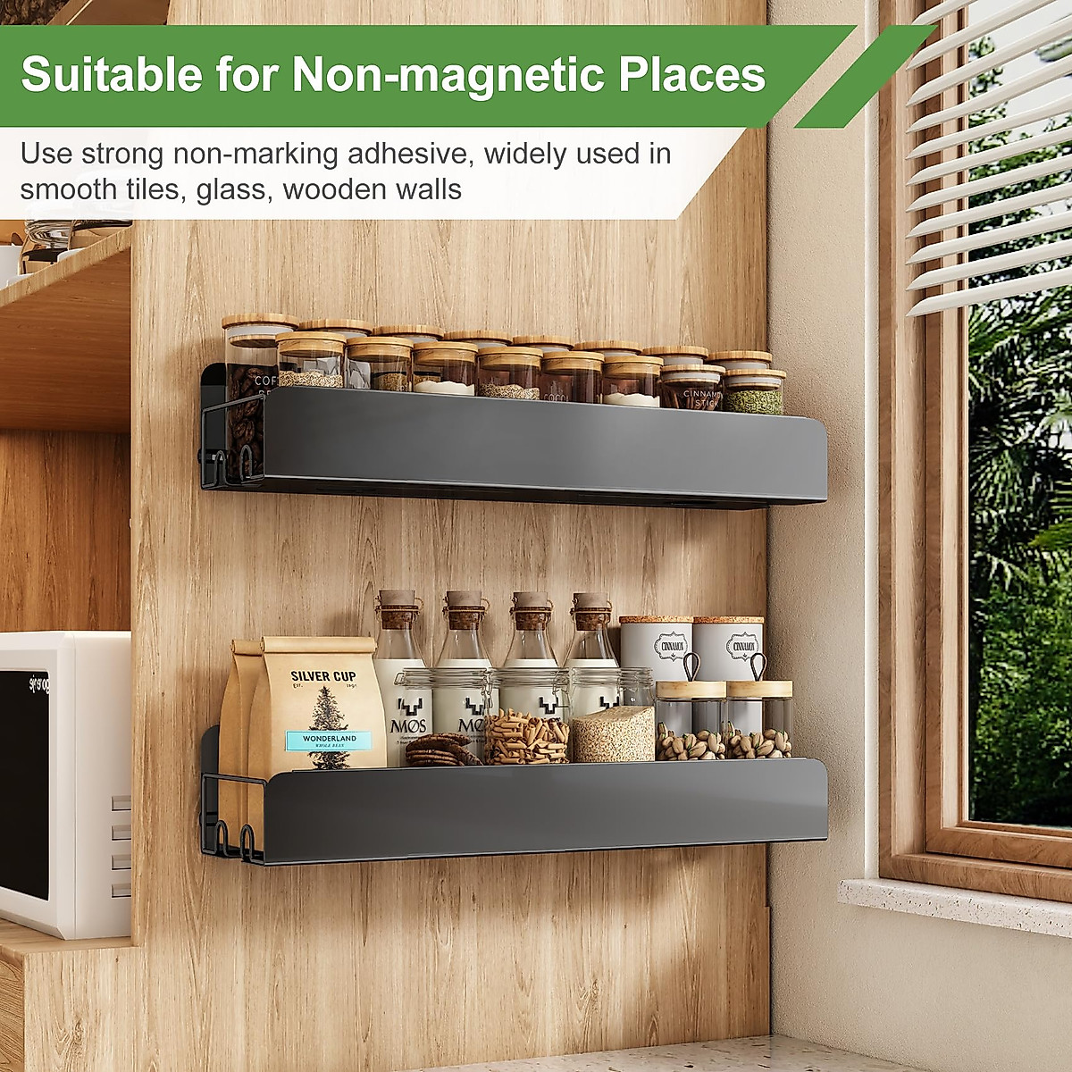 Kitstorack Spice Rack Wall Mount, 2 Pack 15.7" Oversize Spice Rack Organizer without Drilling Large Adhesive Hanging Spice Racks, Kitchen Essentials Home Decor, Black,for Smooth Walls
