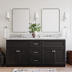 ARIEL 73" Black Double Vanity, 1.5" Edge Italian Carrara Marble Countertop & Splash, Rectangular Sink, 4 Soft Closing Doors, 3 Full Extension Dovetail Drawers, Built in Toe Kick, Brushed Nickel