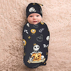 AuHomea Halloween Pattern in Black Skulls Newborn Swaddle Blanket Soft Unisex Infant Swaddle Wrap Blanket Baby Receiving Blanket with Beanie Hat for Boy and Girl