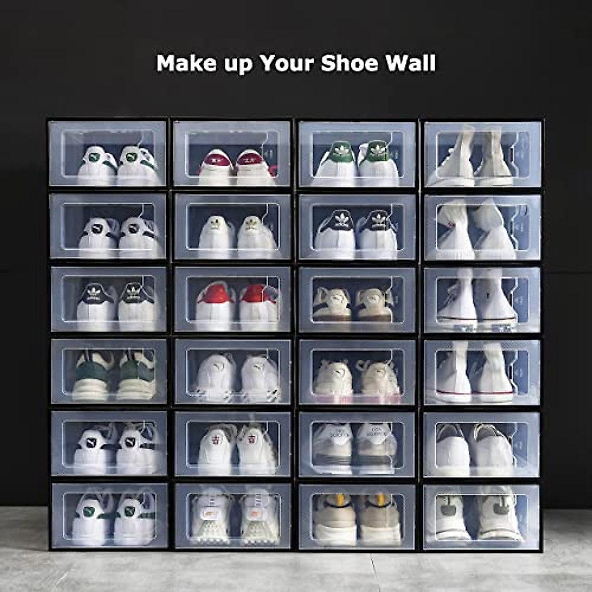 Amassage 12 Pack Boxes for Shoe Storage Clear Plastic Stackable,Organizer for Closet, Space-Saving Containers Bins (Black)