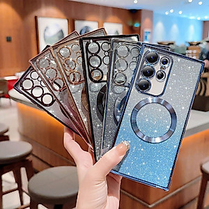 aowner for Samsung Galaxy S21 Ultra Magnetic Case Compatible with MagSafe, Full Protection Glitter Clear Phone Case for Women Girls Cute Soft Shockproof Bumper Protective Cover Case 6.8"-Purple