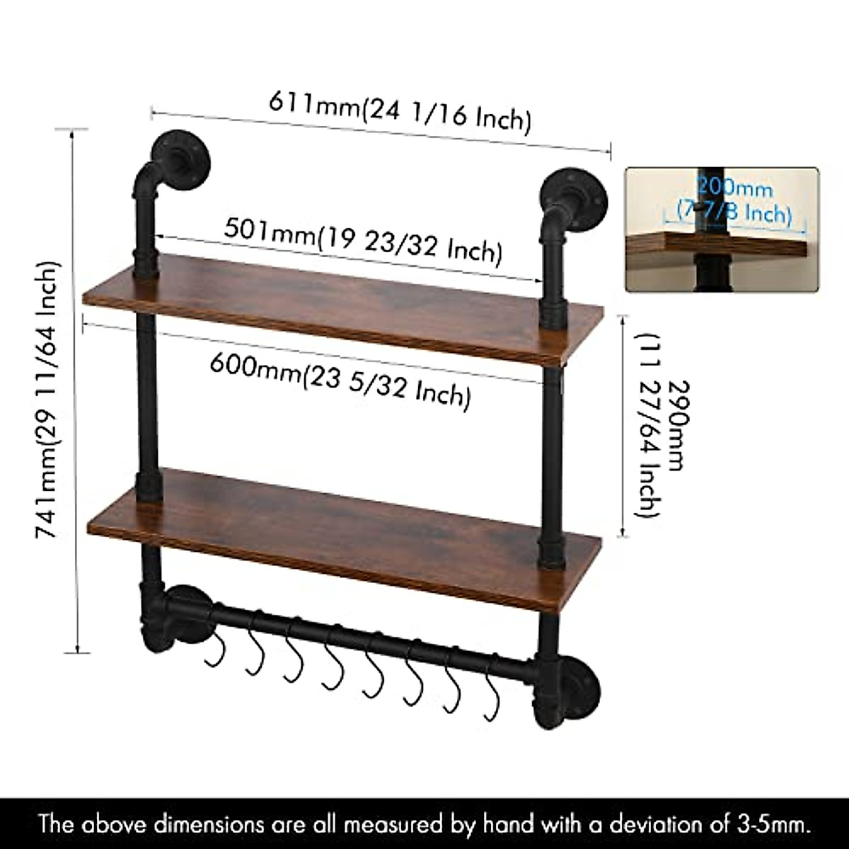 KES Bathroom Shelves Industrial Pipe Shelving Pipe Shelves 24-Inch Shelves with Bar Industrial for Wall Bathroom Rustic Farmhouse 2 Tier Iron Wall Mounted Black, BTR501S60-BK