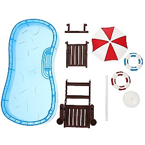 Ciieeo 5 Pieces Miniature Dollhouse Beach Accessories Beach Dollhouse Decoration Set with Umbrella Chair Swimming Ring Swimming Pool