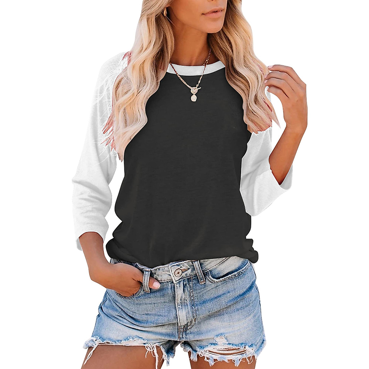 Bingerlily Women's Casual T-Shirts 3/4 Sleeve Color Block Cute Tops Comfy Blouses (Charcoal,Large)