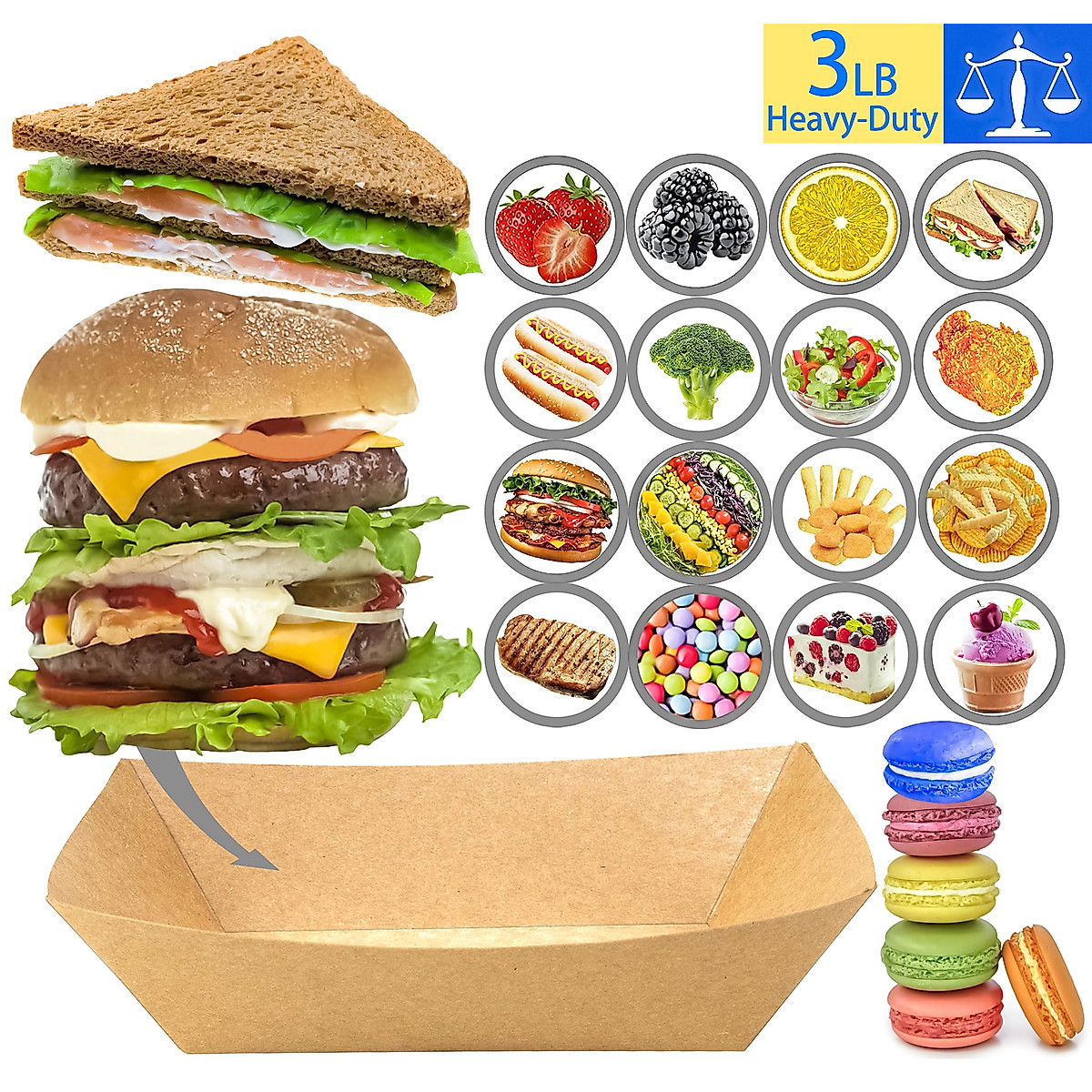 MotBach 150 Pack 3LB Extra Large Paper Food Boat Trays Disposable Paper Boats, Heavy Duty Food Boats, Paper Food Serving Tray Boat Basket for Snacks Popcorn Dessert Sandwich Burger Taco Fries Nacho