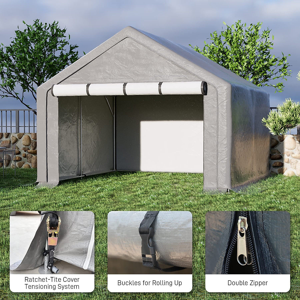 WTRAVEL 8x8 ft Outdoor Storage Shelter with Zipper Door, Portable Garages Shelters, Waterproof and UV Resistant Carport Shed for Bicycle, Motorcycle ATV, Lawn Mowers (8x8 FT)