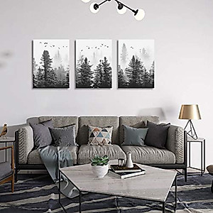 Wall art Canvas wall art Forest wall art Living room decoration black and white art Landscape wall art Gable decoration Morning fog Mountain canvas art wall Fog forest 3 panel Modern home Decoration