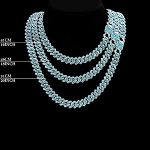 loumssiy Silver Plated Bling Miami Cuban Link Chain for Men Women Iced Out Miami Cuban Necklace Diamond Chain for Men 14mm Colorful Hip Hop Jewelry (Full Blue-14mm, 18inch)