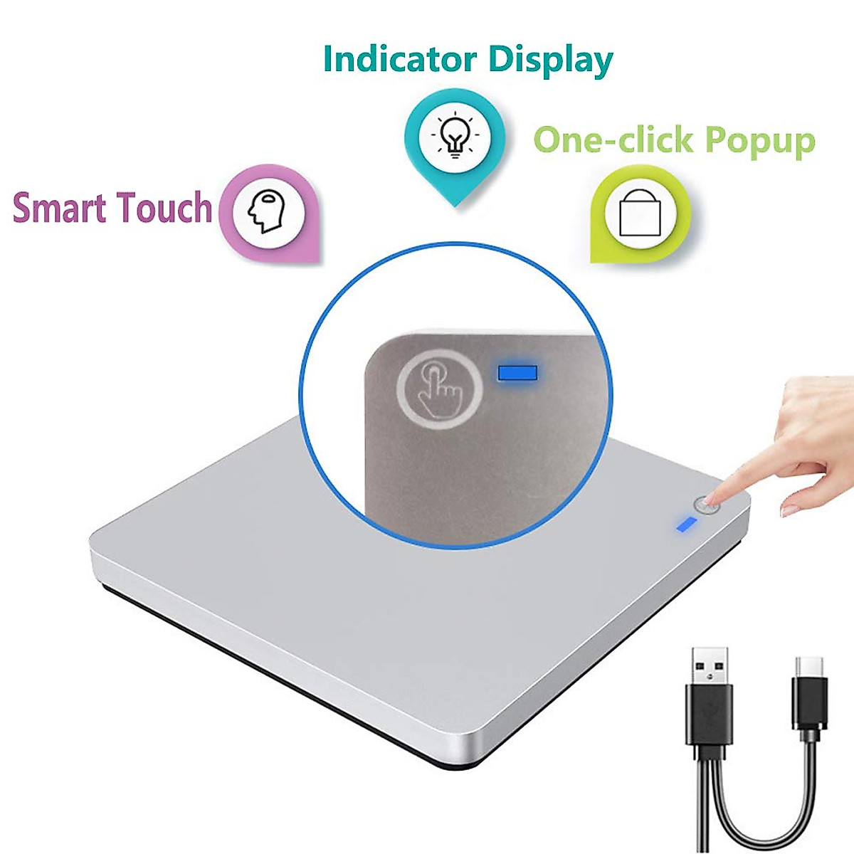 External 3D Blu Ray DVD Drive, USB 3.0 and Type-C Blu Ray CD DVD Drive Player Ultra Slim Slot-in CD DVD Burner with Smart Touch Compatible with Windows XP/7/8/10, Mac OS for MacBook, Laptop, PC