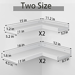 4 Tier Corner Wall Shelf, Floating Corner Shelves with Lip, White Modern Corner Shelves Wall Mounted, Solid Pine Wood Wall Shelf L shaped shelf for Living Room, Bedroom, Bathroom, Home Storage