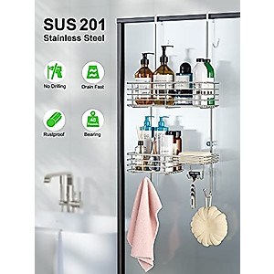 SMARTAKE Shower Caddy Over The Door, Stainless Steel Bathroom Shelf Organizer, Rustproof Wall Rack with Hooks, Razors Towels Shampoo Organizer for Dorm, Toilet, Bath and Kitchen, Silver
