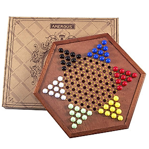 AMEROUS 12.5 inches Wooden Chinese Checkers Set with Storage Drawer - 60 Acrylic Marbles in 6 Colors - 12 Bonus Spare Marbles, Classic Strategy Family Board Game for Kids and Adults