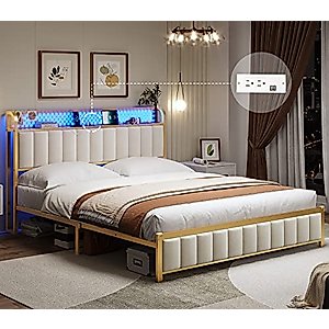 BTHFST Queen Bed Frame, LED Bed Frame with Storage Headboard, USB Ports & Outlets, Upholstered Platform Bed Frame, Sturdy Bed Foundation, Creamy White & Gold