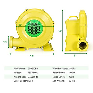 HONEY JOY Air Blower, 1100 Watts 1.5HP Bounce House Blower for Inflatables, Bouncy Castle and Jump Slides, 13FT Wire & Stakes, UL Certificate, Portable and Powerful Commercial Air Blower(1100w, 1.5HP)