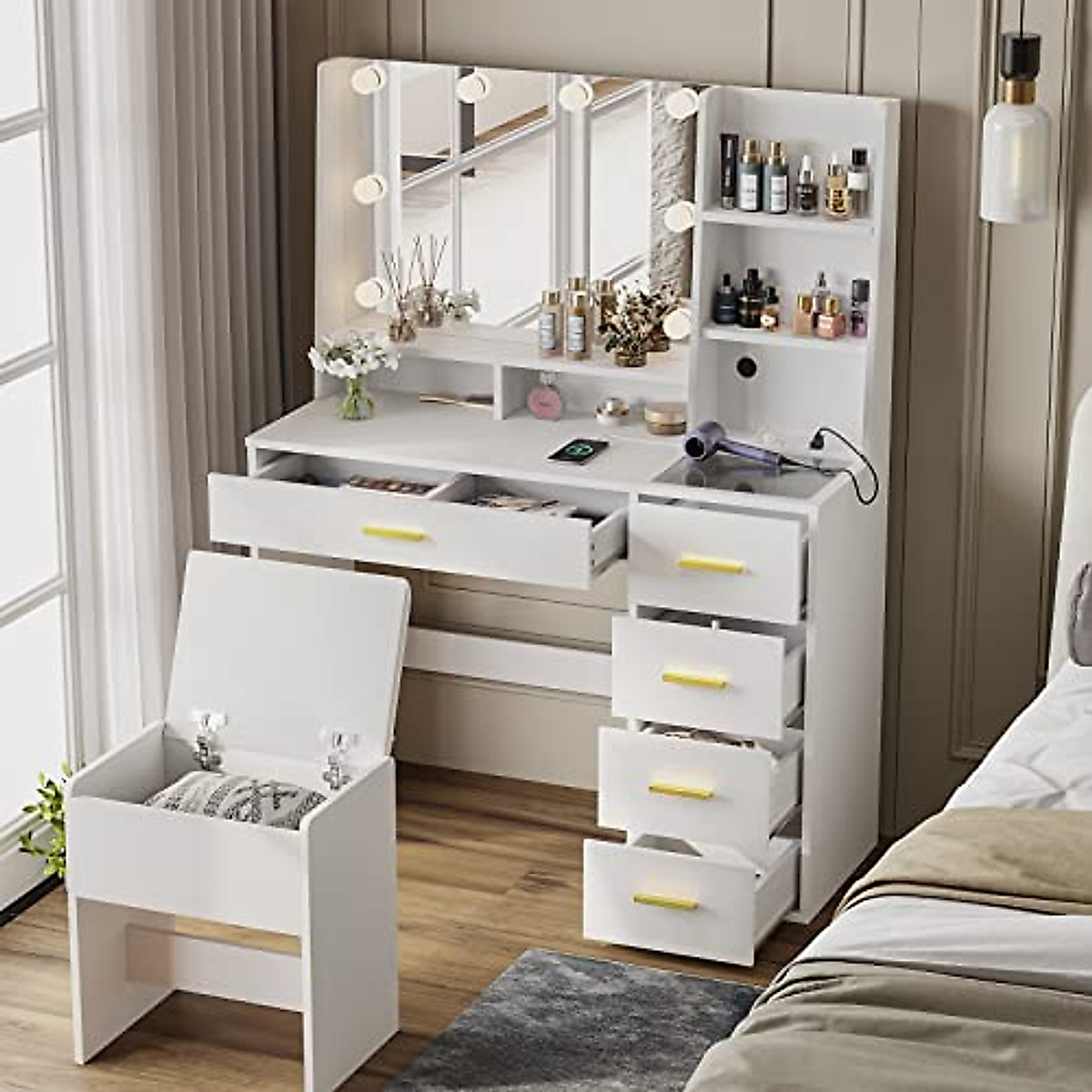 AOGLLATI Makeup Vanity Set with Lights & Charging Station, Vanity Desk with Mirror and Lights, White Makeup Desk with Cushioned Stool, Visible Drawers, Jewelry Organizers, Open Storage Shelves