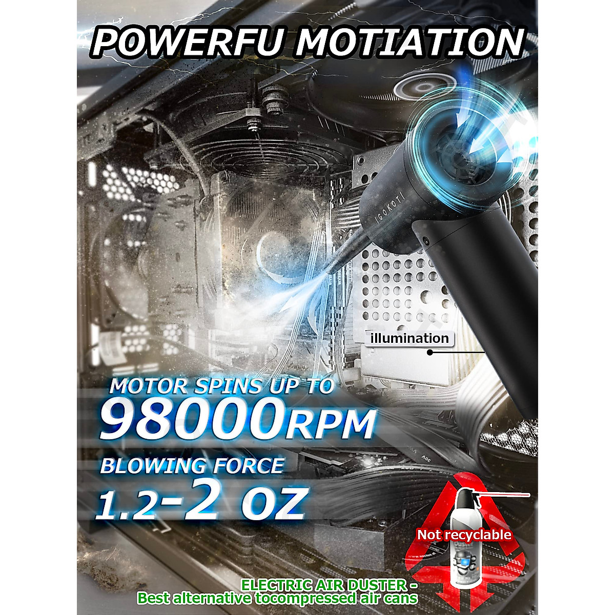 IGOKOTI Compressed Air Duster Reusable Electric Air Duster & Vacuum 2 in 1, Cordless Portable Rechargeable Compressed air, 98000 RPM Handheld Air Blower for Car, Electronics, Keyboard Cleaning