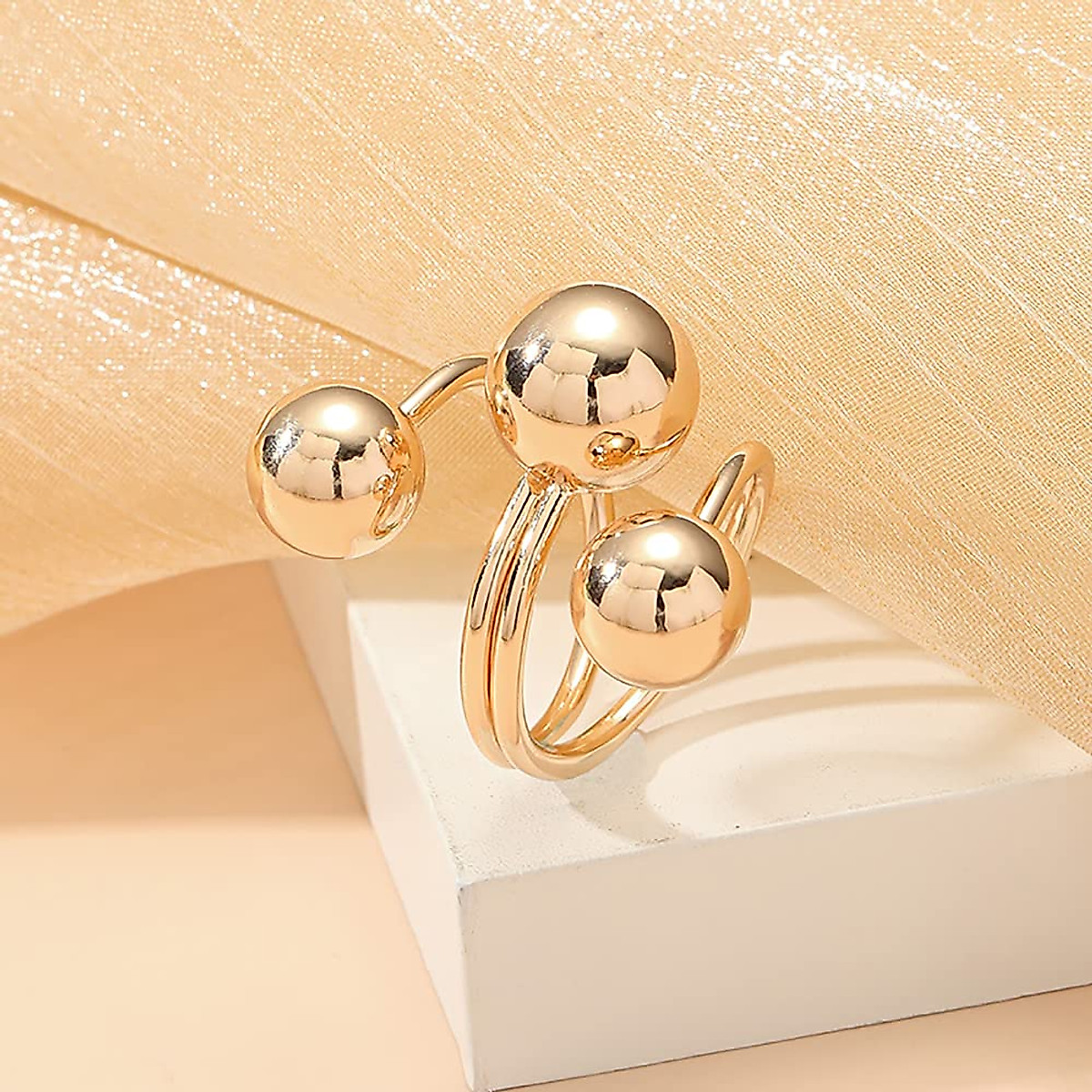 Minimalist Ball Statement Ring for Women Girls Silver Gold Plated Layered 3 Round Balls Open Wrap Finger Rings Comfort Fit Boho Geometric Unique Birthday Party Jewelry Gift Wedding Halloween Size 8
