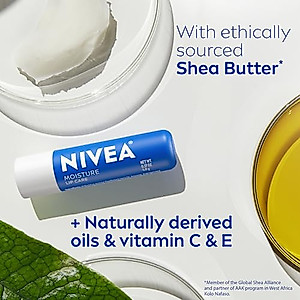 NIVEA Moisture Lip Care, Hydrating Lip Balm with Shea Butter, Nourishing Oils and Vitamin C & E, 3-in-1 Moisture, Repair and Nourish, 0.17 Oz Stick, Pack of 4