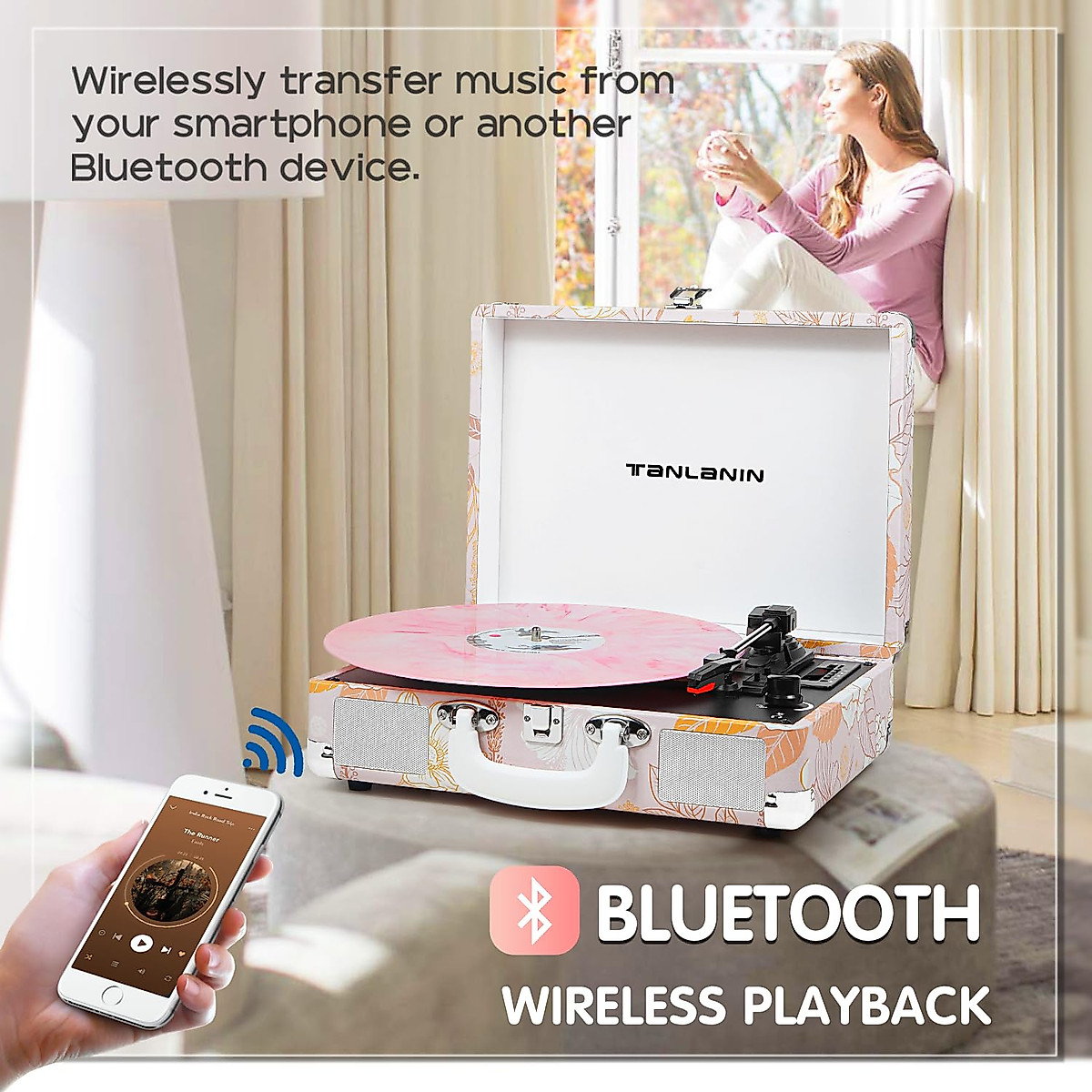 Pink Floral Vintage Bluetooth Record Player - USB & Portable