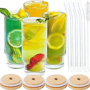 16oz Glass Cups with Lids and Straws Ribbed Glassware Iced Coffee Cup Set of 4, Drinking Glasses for Coffee Bar Kitchen Accessories Whiskey Cocktail Beer Coffee Tea, Gifts for Women.