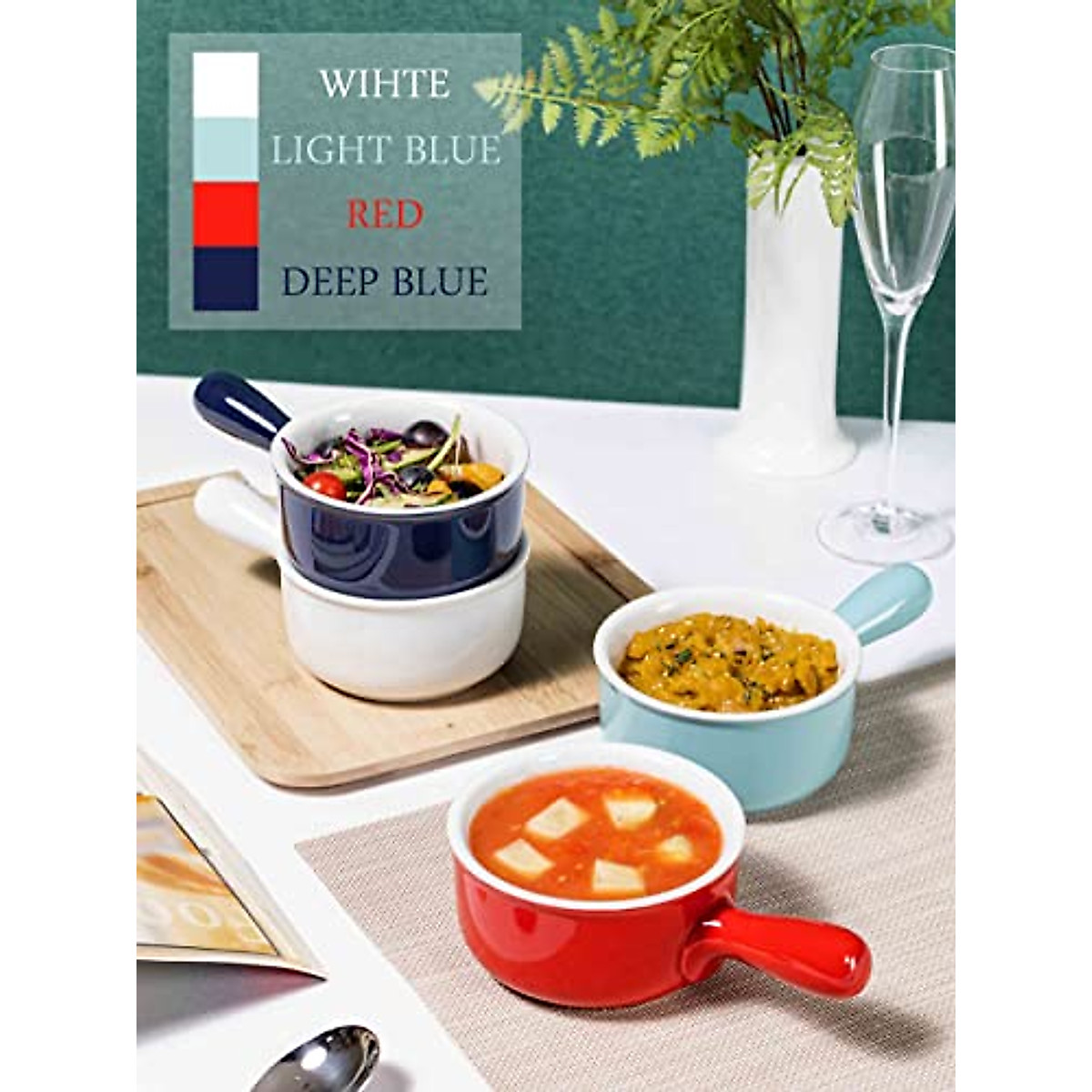 UNICASA Ceramic Soup Bowls with Handles - 14 Ounce French Onion Soup Crock Pot Microwave Oven Safe for Chili, Cereal, Stew, Set of 4 (White)