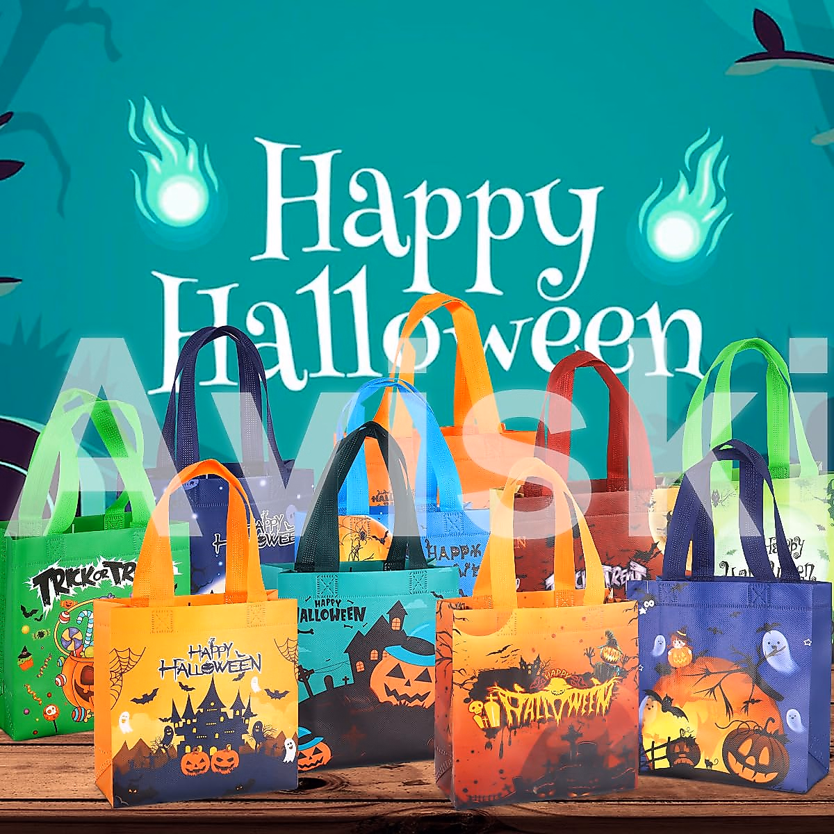 Aviski 10PCS Halloween Trick or Treat Bags, Small Halloween Tote Bags with Handles, Gift Bags, Multifunctional Non-Woven Halloween Bags for Gifts Wrapping, Halloween Party Supplies
