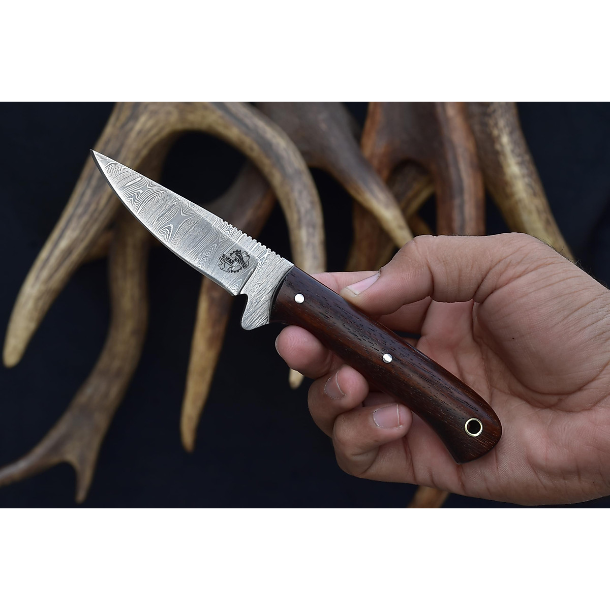 Knives Ranch 7" Fixed Blade EDC Knife with Sheath - Damascus Steel Hunting Knife - Full Tang - Rosewood Handle - Horizontal Carry Leather Sheath Snug Fit (3056-IRW)