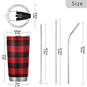 Yasala Tumbler Tartan Checker Plaid Red Black Insulated Office Coffee Cup Back to School Beverage Container Travel Mug with Straw and Lid Double Wall Stainless Steel 20oz