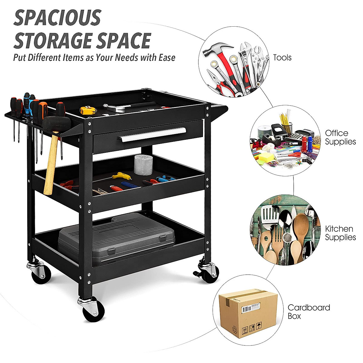 Happytools 3 Tier Tool Cart on Wheels, Heavy Duty Industrial Utility Service Cart with Drawer, Rolling Mechanic Tool Box Organizer for Garage Warehouse Workshop Repair Shop, 330 LBS Capacity (Black)