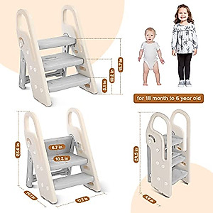 Onasti Foldable Toddler Step Stop for Bathroom Sink, Adjustable 3 Step Stool for Kids Toilet Potty Training Stool with Handles, Child Kitchen Counter Stool Helper, Plastic Ladder for Toddlers Grey