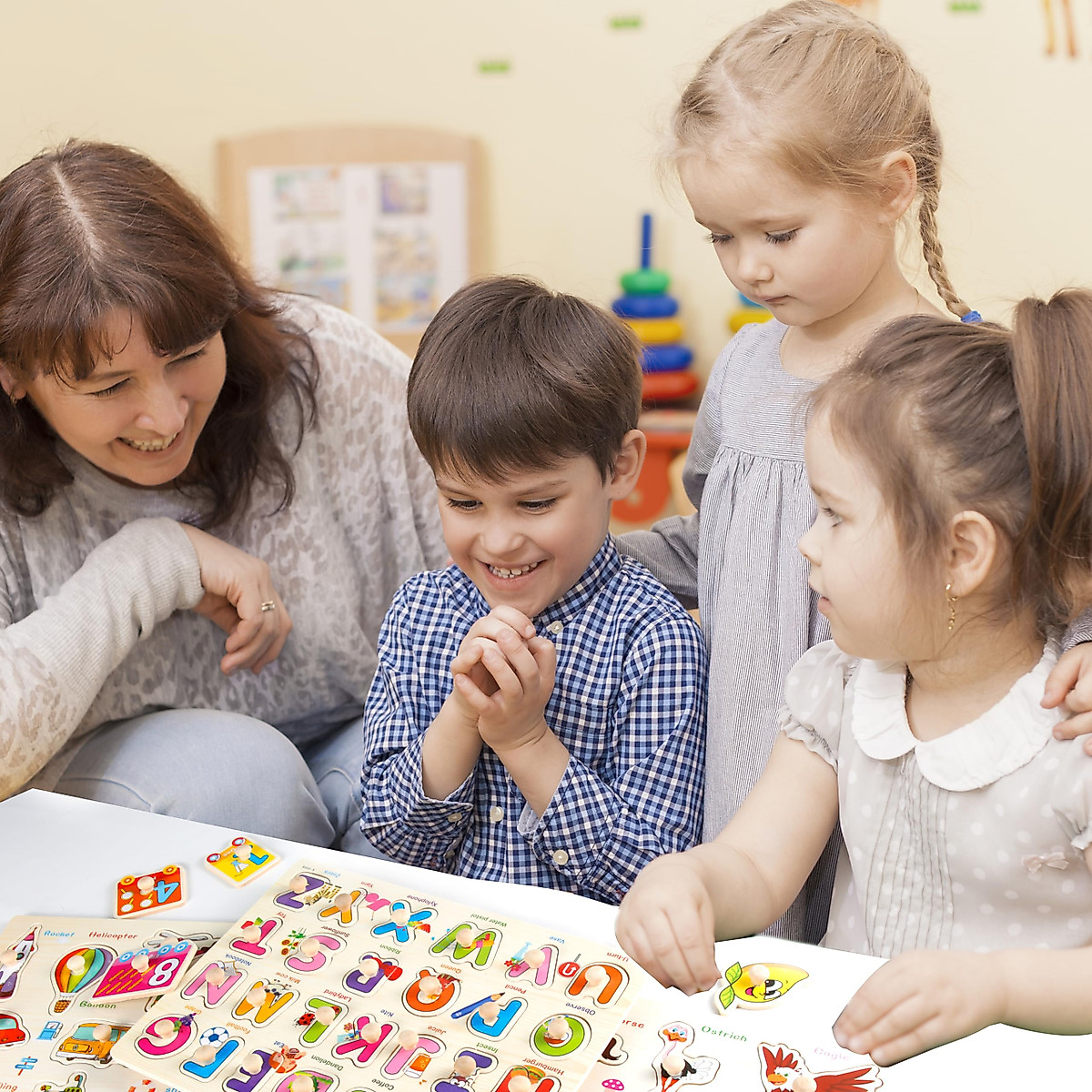 6 Pack Wooden Peg Puzzles Set for Toddlers 3 4, Preschool Educational Pegged Knob Puzzle Toy Wooden Learning Toys for Baby Boys and Girls Age 3-4