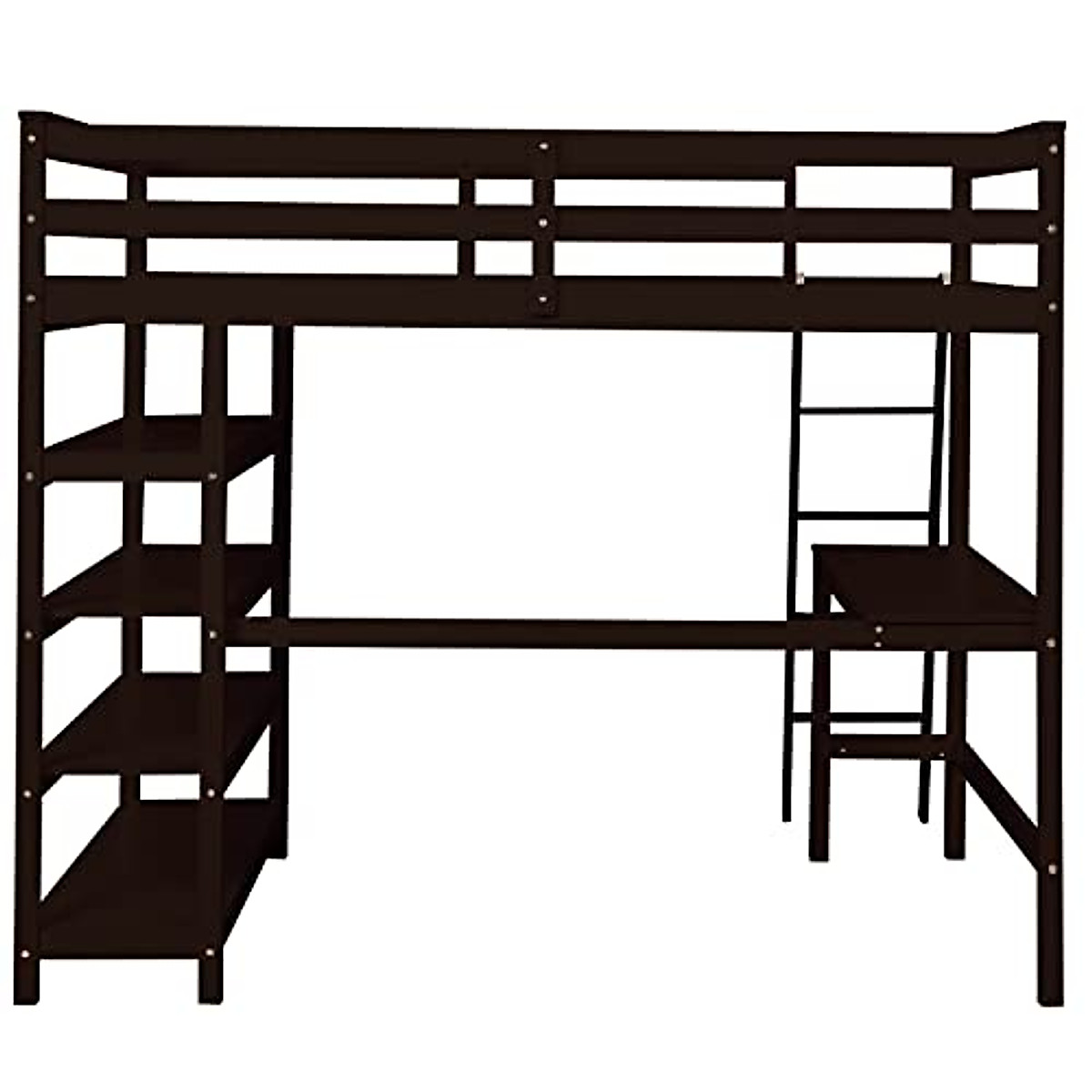 DEYOBED Full Size Wooden Loft Bed Frame with Under-Bed Desk and 4-Tier Storage Shelves - Stylish and Practical Furniture for Enhanced Bedroom Organization