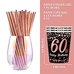 60th birthday decorations for women - (Total 121pcs) rose gold Birthday supplies Plates and Napkins, Cups, Straws, tablecloth, Disposable Tableware for 24 Guests