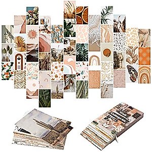 Yopyame 50PCS Boho Aesthetic Pictures Wall Collage Kit, Peach Teal Photo Collection Collage Dorm Decor for Girl Teens and Women, Orange Boho Wall Prints Kit, Small Posters for Room Bedroom Aesthetic