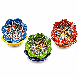 Silver Craft 6 Pcs Daisy Shaped Hand Painted Decorative Serving Turkish Tiny Bowls - Handmade Ceramic Bowl - Set of 6 (3.7 inc/9.5cm) 2.5 Oz Pinch Multicolor Small Serving Bowls - Best Gift Set