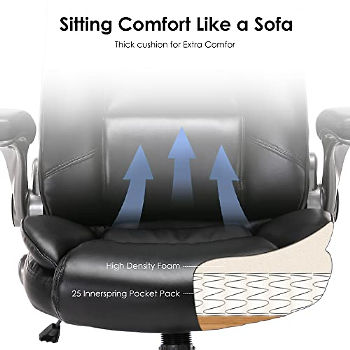 High Back Executive Office Chair-Ergonomic Bonded Leather Computer Chair with Flip-up Arms, Adjustable Tilt Tension, Padded Armrests, Swivel Rolling Home Desk Chair-Black,300lbs