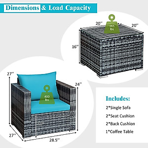DORTALA 3 Pieces Patio Furniture Set, Outdoor Rattan Sofa Couch Set with Cushions, Tempered Glass Coffee Table, Wicker Patio Conversation Set for Lawn Backyard Poolside Balcony, Turquoise