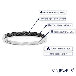 Vir Jewels 1/5 cttw Black Diamond Wedding Band in .925 Sterling Silver with Milgrain Size 8