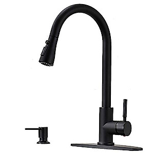 Hovheir Matte Black Kitchen Faucet with Soap Dispenser, Single Handle Pull Down Kitchen Faucet, High Arch Single Handle Stainless Steel Pull Out Sprayer Kitchen Sink Faucet
