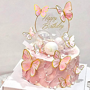 Cadeya Butterfly Happy Birthday Cake Toppers Set, 56 Pcs Butterfly Cake Decorations Party Supplies with 1 Pcs Metal Gold Happy Birthday Cake Topper for Kids Wedding (Pink)